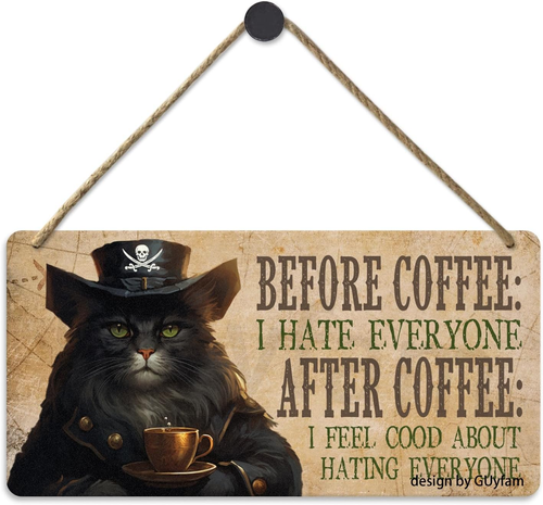 Vintage Wooden Hanging Signs Cat before Coffee I Hate Everyone Vintage ...