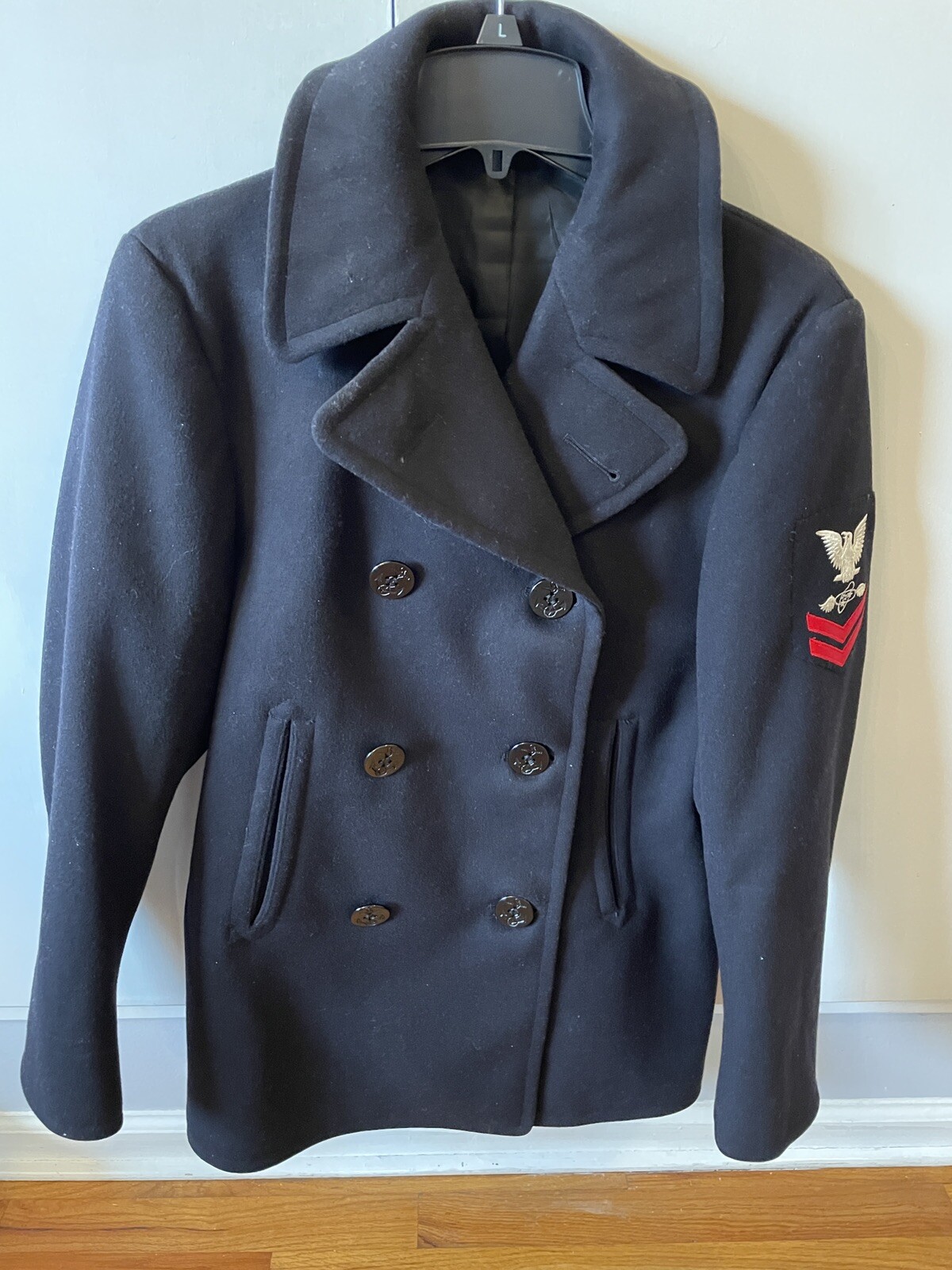 VINTAGE MILITARY NAVY PEA COAT 100% WOOL SZ 34 SATIN … - Gem