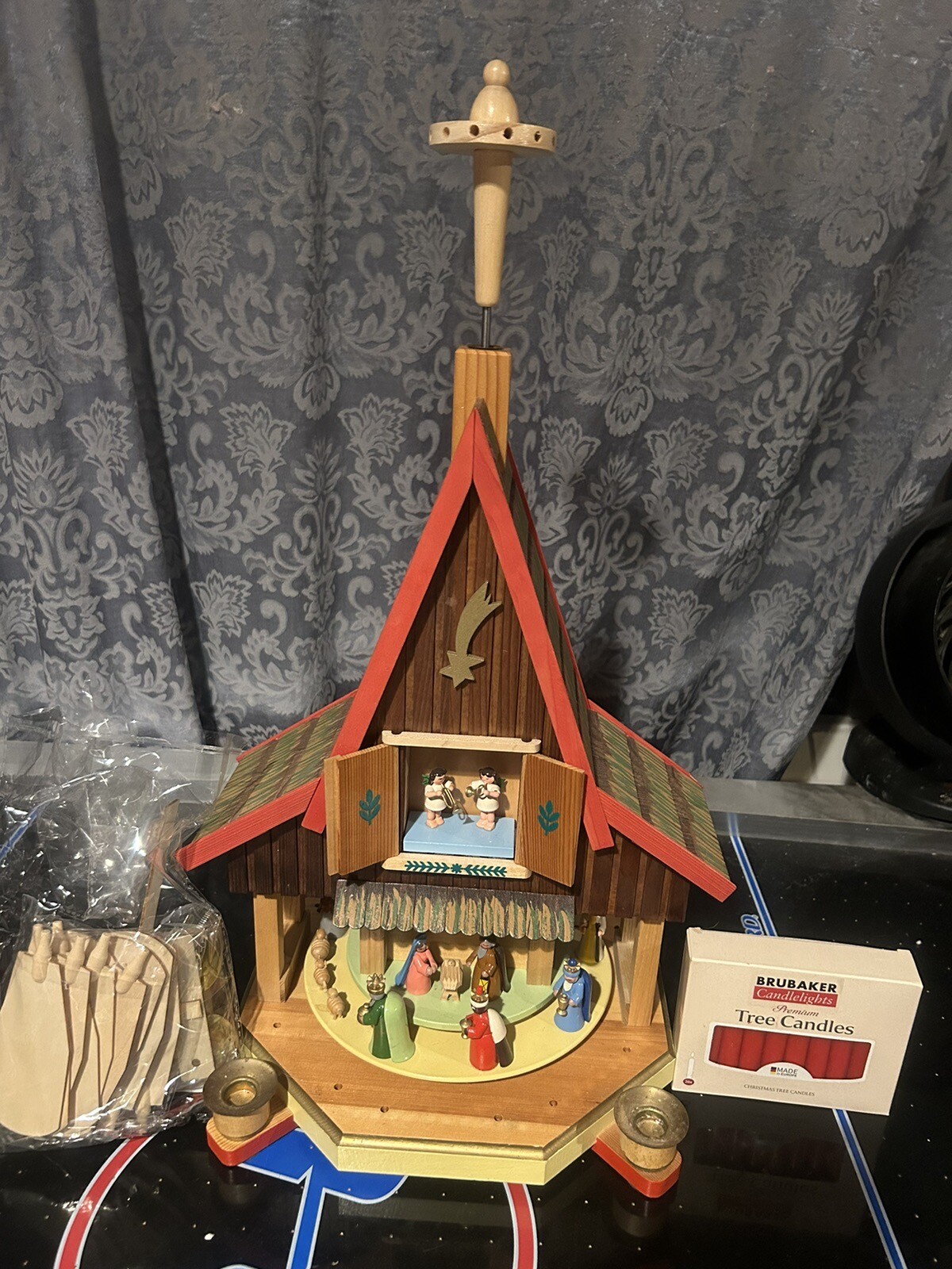 Christmas Pyramid Two Tier German Advent House Vintage Spinner Nativity ...