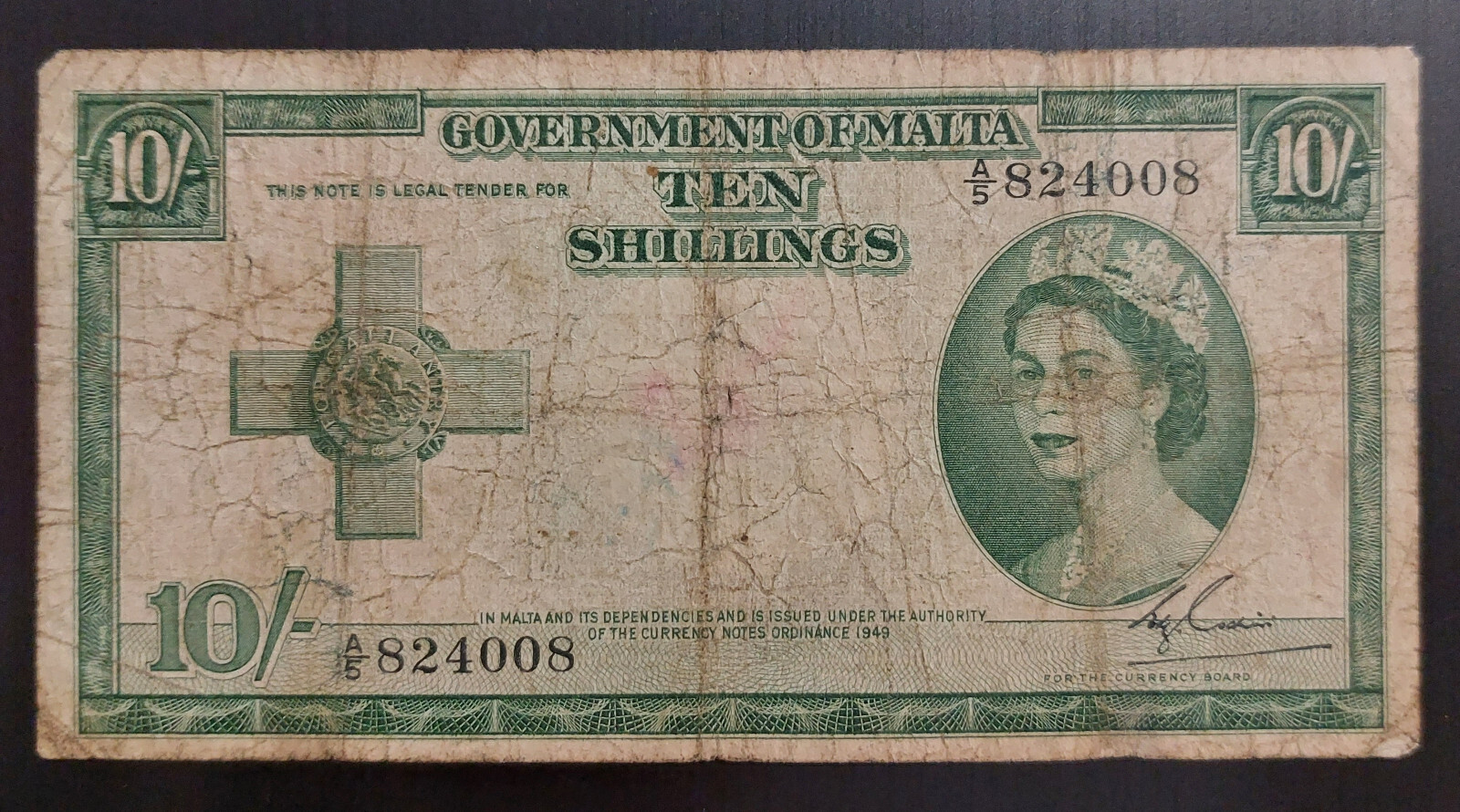 1949 (1954) MALTA 10 Shillings P-23 Note QEII Old Maltese Money World ...