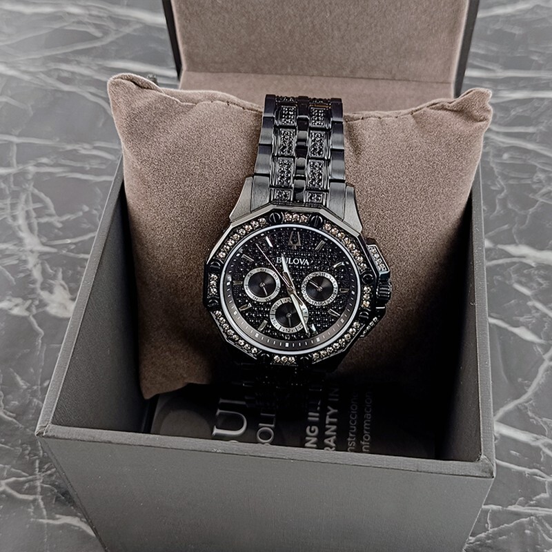 Bulova New 96C134 Men's Crystal Octava Quartz Watch Silver Black Dial ...