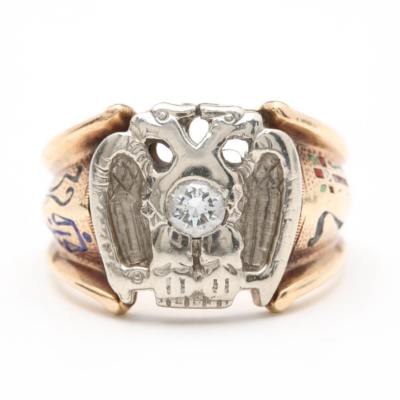 10K Yellow and White Gold Diamond Double Headed Eagle 32 Degree Mason ...