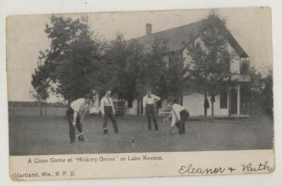 1907 Hartland Wisconsin Lake Keesus Hickoy Grove Men playing Croquet ...