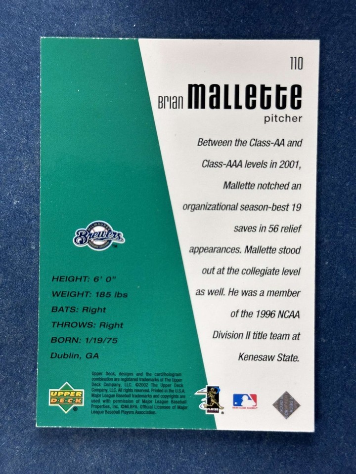 2002 Upper Deck Diamond Connection #110 Brian Mallette Brewers /1500 | eBay