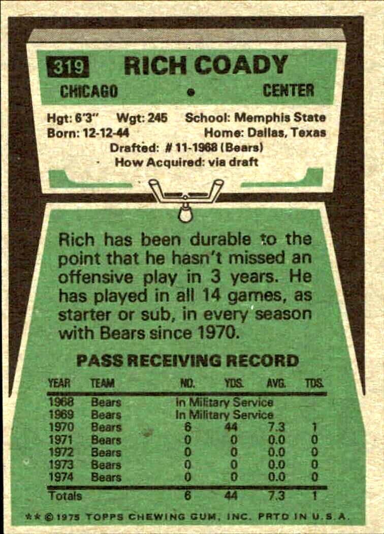 1975 Topps #319 Rich Coady Chicago Bears NFL Vintage Football Card N ...