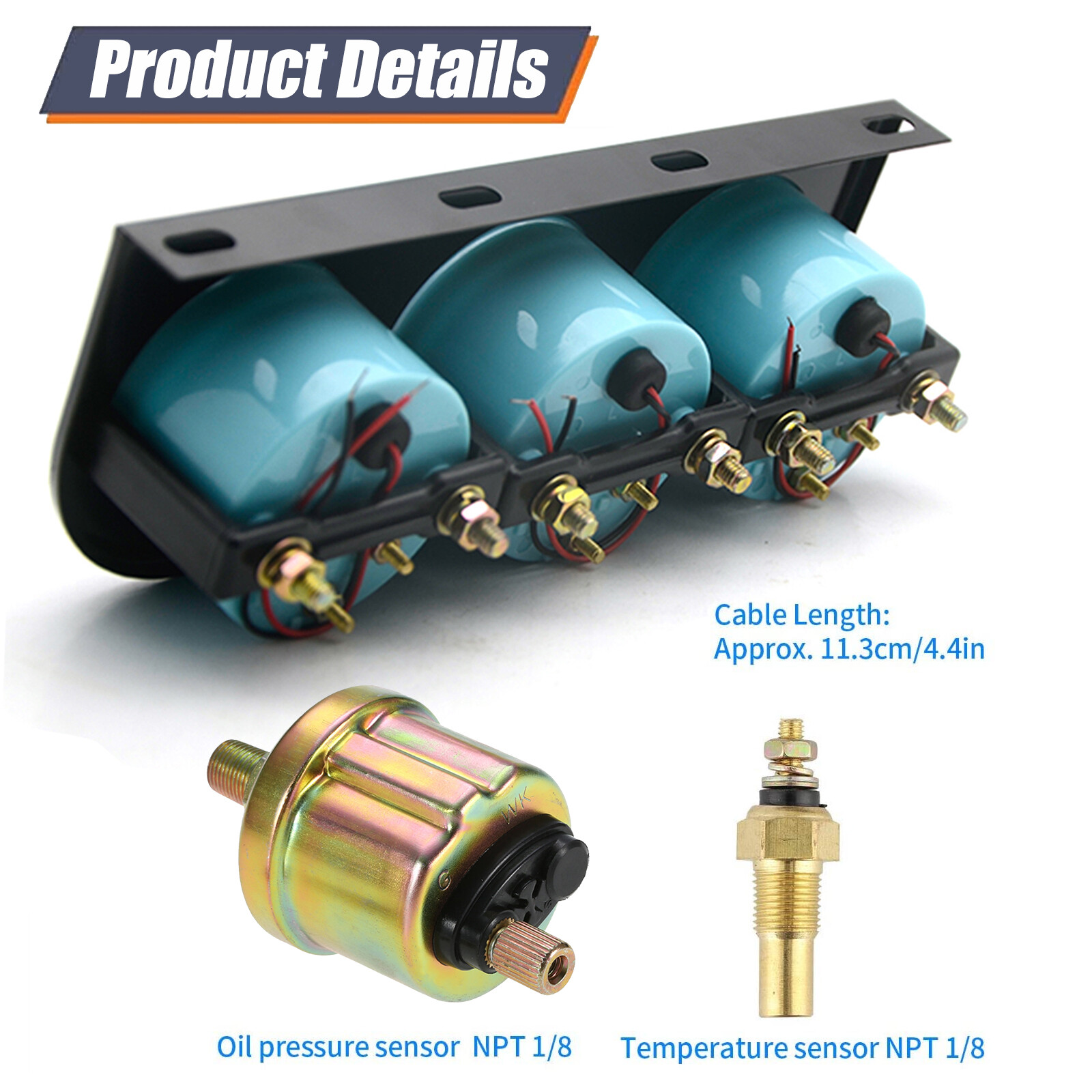 Universal 2" 52mm Chrome Volt Water Oil Pressure Triple 3 Gauge Set ...