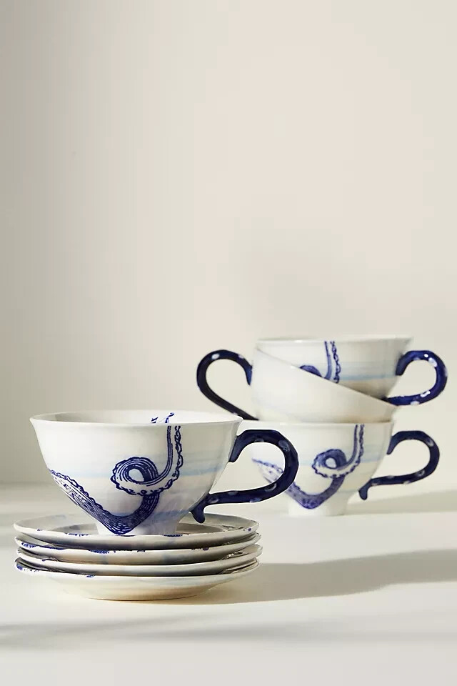 Anthropologie From The Deep Cup Saucer 8PC SET 4 Octopus Nautical ...