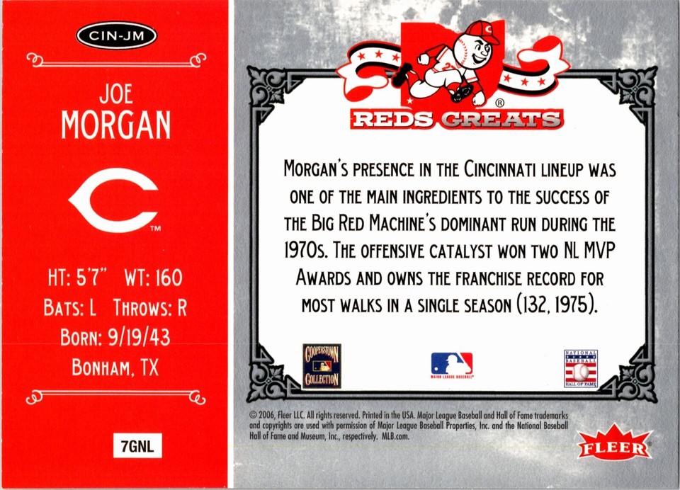 2006 Fleer- Baseball "REDS GREATS" #CIN-JM Joe Morgan Cincinnati Reds ...