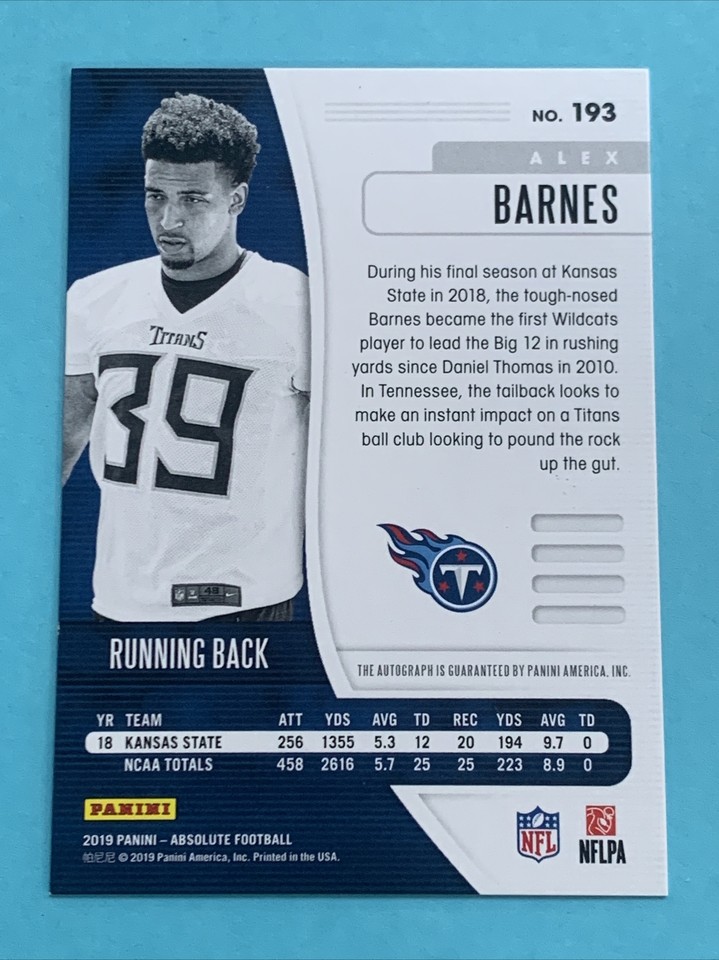 2019 Panini Absolute Alex Barnes Rookie Auto 5/75 Red SP #193 Tennessee ...