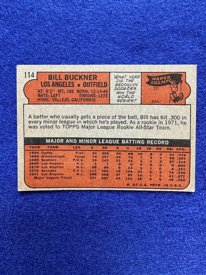 1972 Topps Baseball #114 Bill Buckner Los Angeles Dodgers | eBay