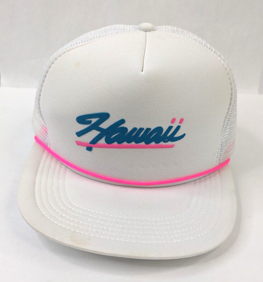 Vintage 90s Hawaii Trucker Hat Cap Hawaiian Headwear Snapback Teal Pink ...