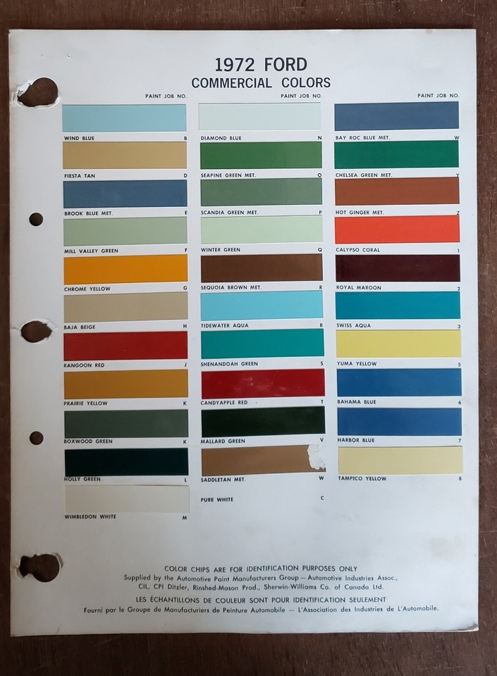 1972 Ford Passenger & Commercial Auto Color Chips Chart Paint Codes ...
