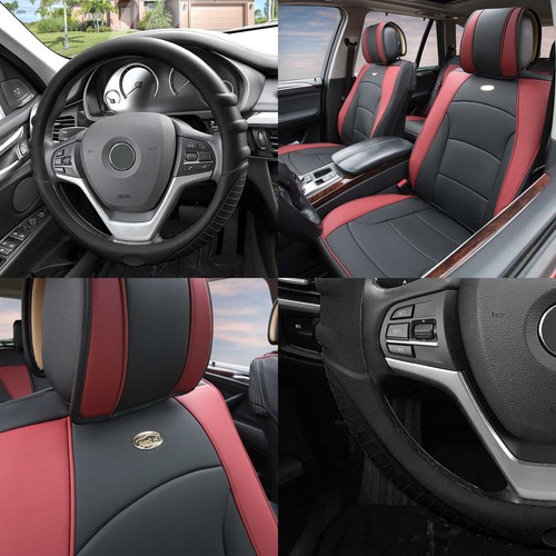 Leatherette Seat Cushion Bucket Covers Pair Burgundy w/ Black Steering ...