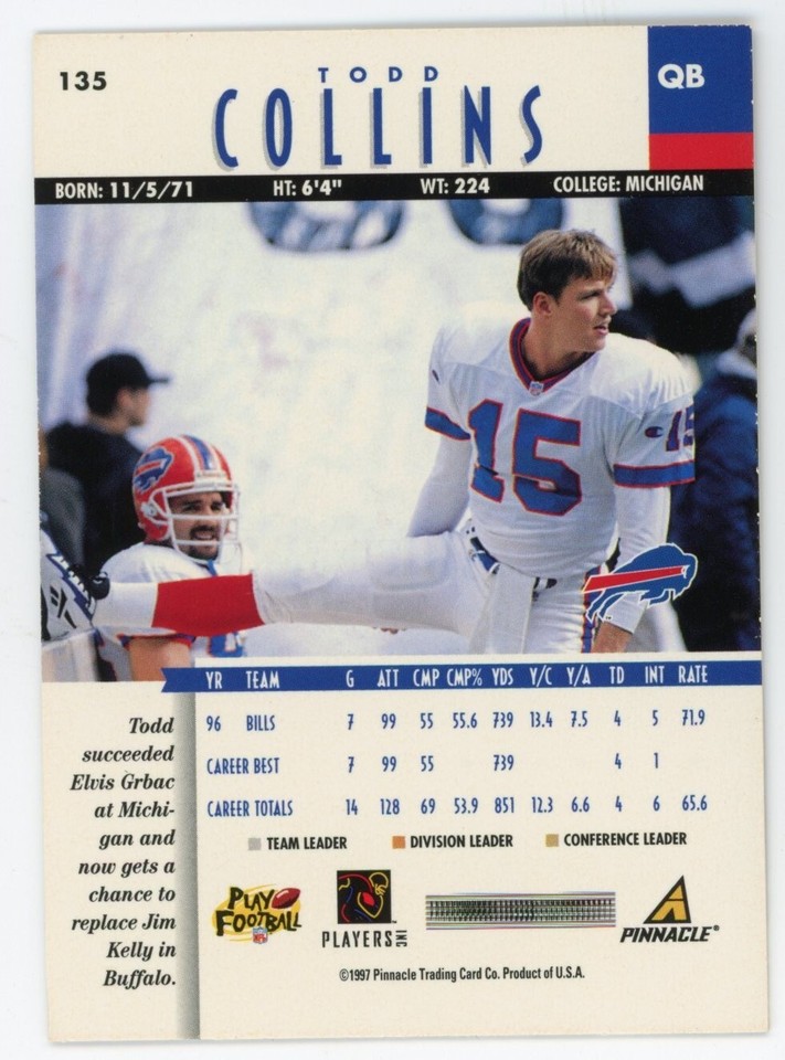 1997 Pinnacle Todd Collins Card #135 | eBay
