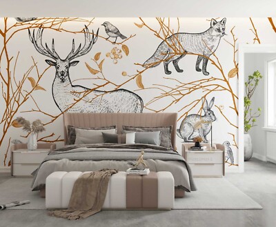 3D Branch Animal Deer Rabbit Gray Wallpaper Wall Murals Removable ...