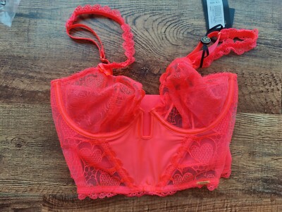 Boux Avenue Hearts Lace Bra Corsette Bralette Size 30D Neon Pink RRP 45 ...