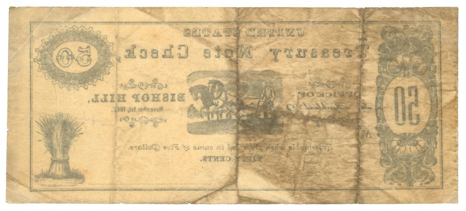 1862 US Treasury Note Check, Bishop Hill, Illinois 50c Obsolete Note ...
