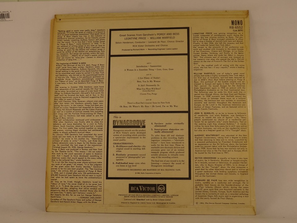 SKITCH HENDERSON GERSHWIN GREAT SCENES FROM BORGY AND BESS (433) LP RCA ...