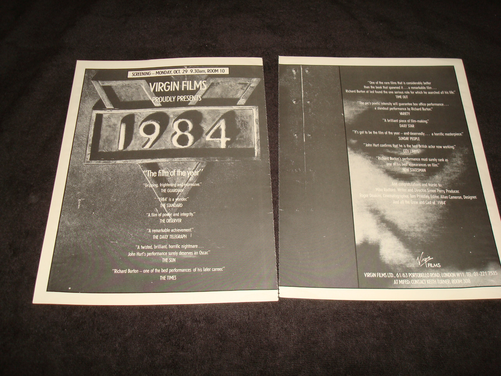 1984, NINETEEN EIGHTY-FOUR Oscar ad John Hurt, Richard Burton, George ...