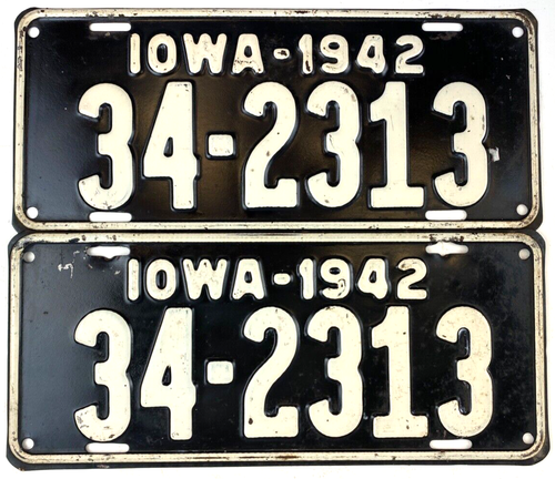 Vintage Iowa 1942 Auto License Plate Set Floyd Co. Garage Wall Decor ...