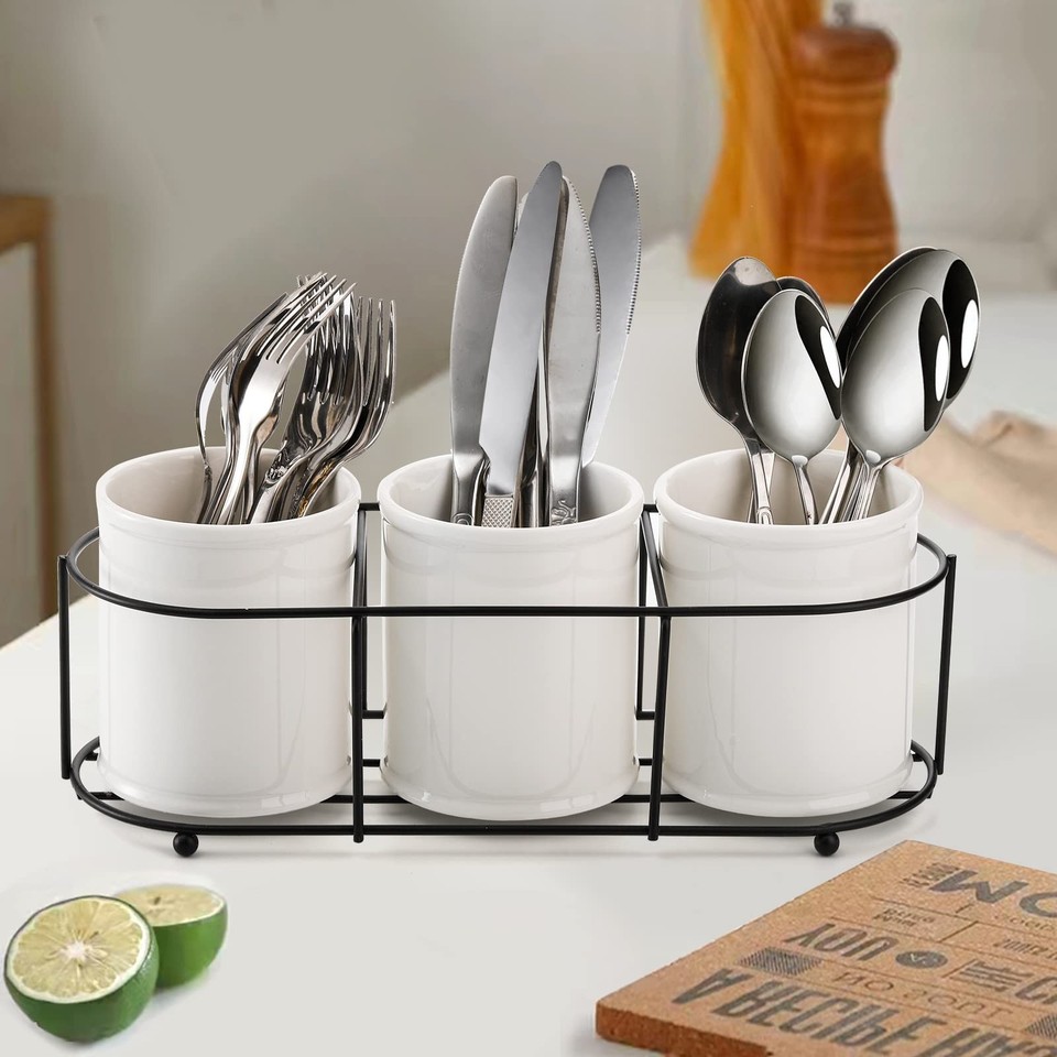 3-Piece Ceramic Silverware Caddy with Metal Rack, Utensil Holder ...