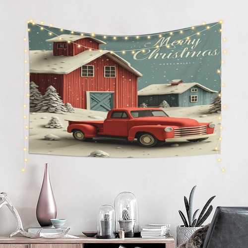60x40 Inch Christmas Tapestry - Vintage Red Barn & Snowy Landscape Wall ...