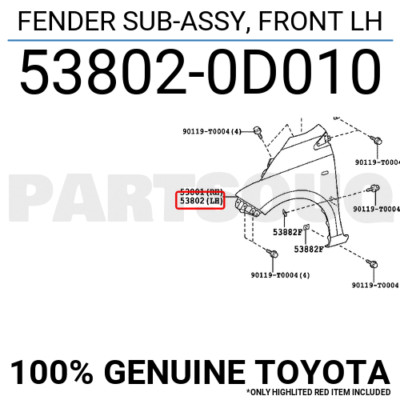 538020D010 Genuine Toyota FENDER SUB-ASSY, FRONT LH 53802-0D010 | eBay