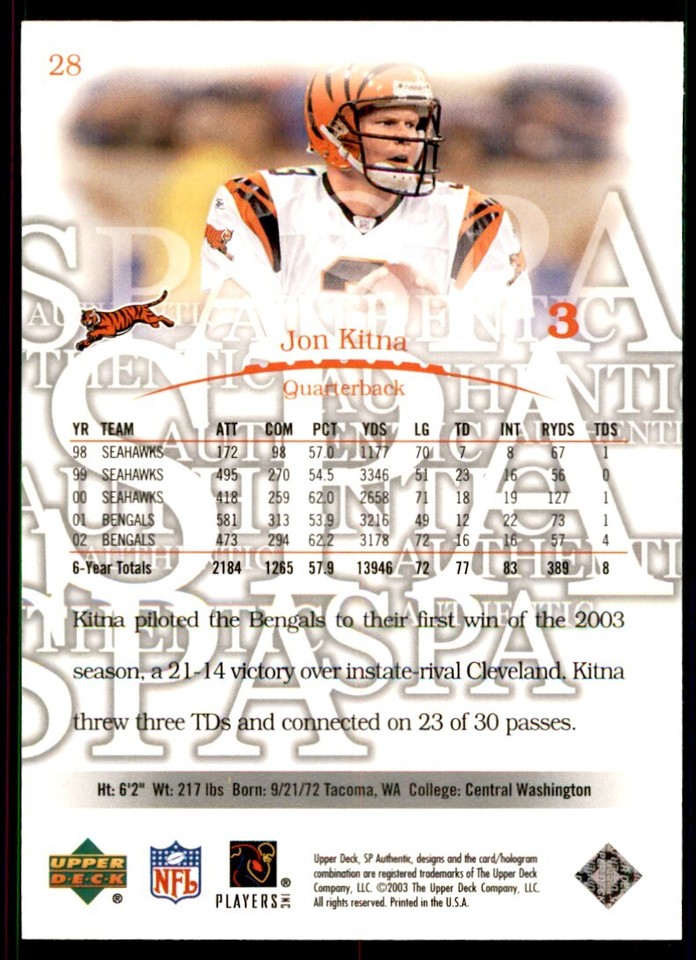 2003 SP Authentic #28 Jon Kitna | eBay