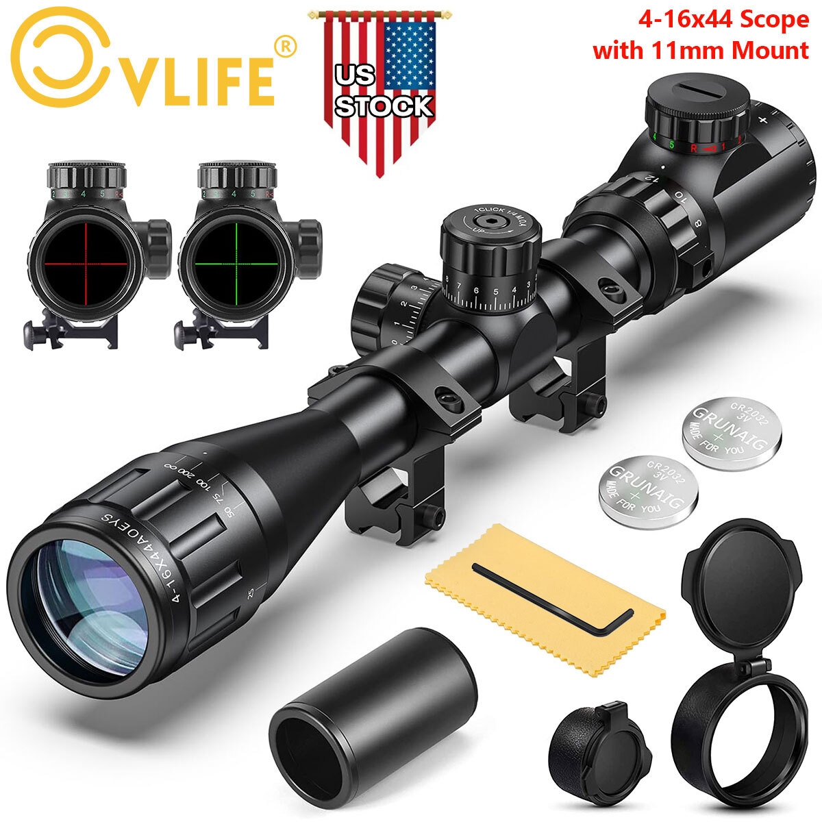CVLIFE 4-16x44AOE Hunting Rifle Scope R/G Illuminated Mil-Dot Reticle ...