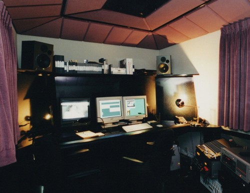Computer Editing Room Multiple Monitors Speakers Dark Ceiling Acoustic ...