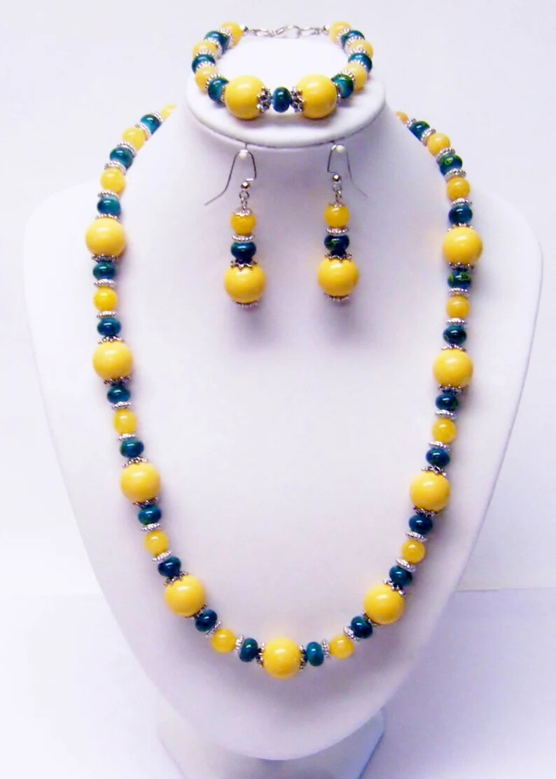 Yellow Howlite w/Yellow Natural Stone Beads Necklace/Bracelet/Earrings ...