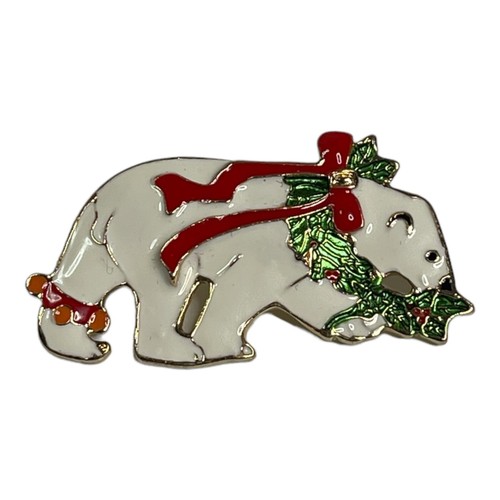 Enamel Polar Bear brooch Lapel pin Christmas Holiday Red Ribbon Wreath ...
