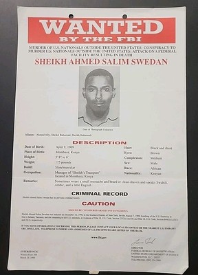 USPS FBI Wanted Flyer - Sheikh Ahmed Salim Swedan 8/7/98 U.S Embassy ...