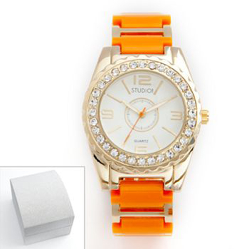STUDIO TIME Gold-Tone Sparkly Crystal Lightweight Orange Watch STD3232T ...