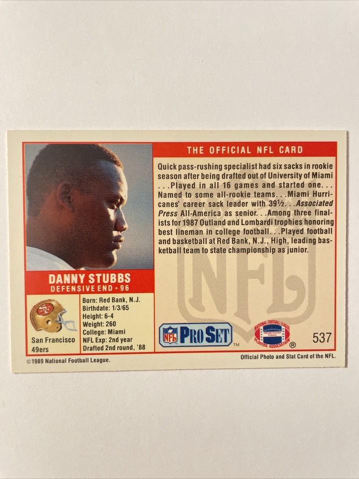 1989 Pro Set #537 Danny Stubbs 49ers Prospect Rookie RC NFL MINT | eBay