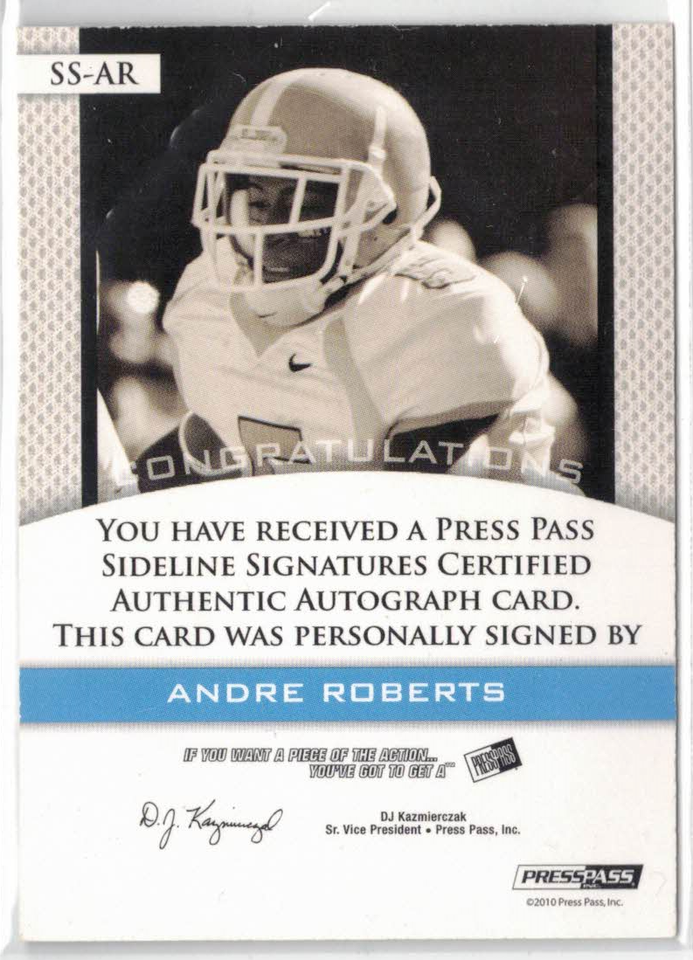 ANDRE ROBERTS 2010 Press Pass ON CARD AUTO Sideline Signatures Rookie ...