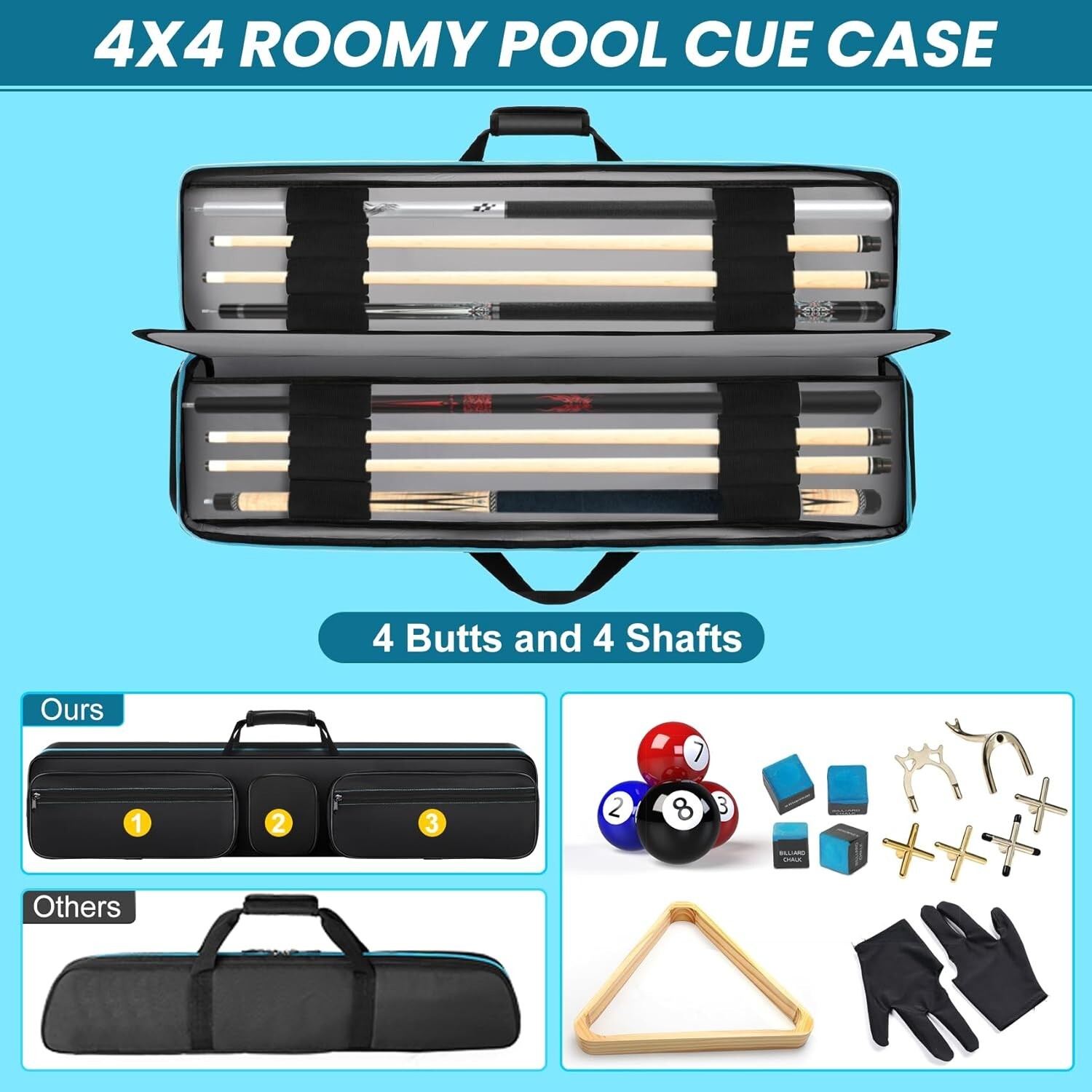 Pool Cue Case 4x5 Pool Stick Case with Multiple Pockets Holds 4 Butts 5 ...