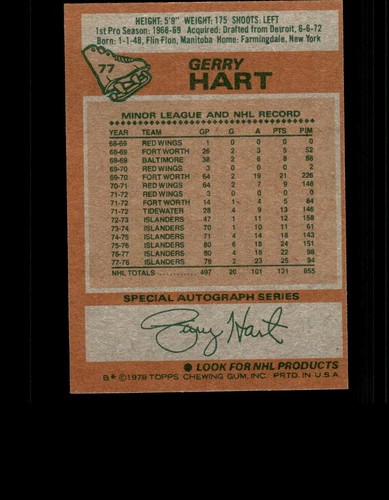 GERRY HART 1978 Topps Hockey #77 B1011R5S8P66 FREE SHIPPING | eBay