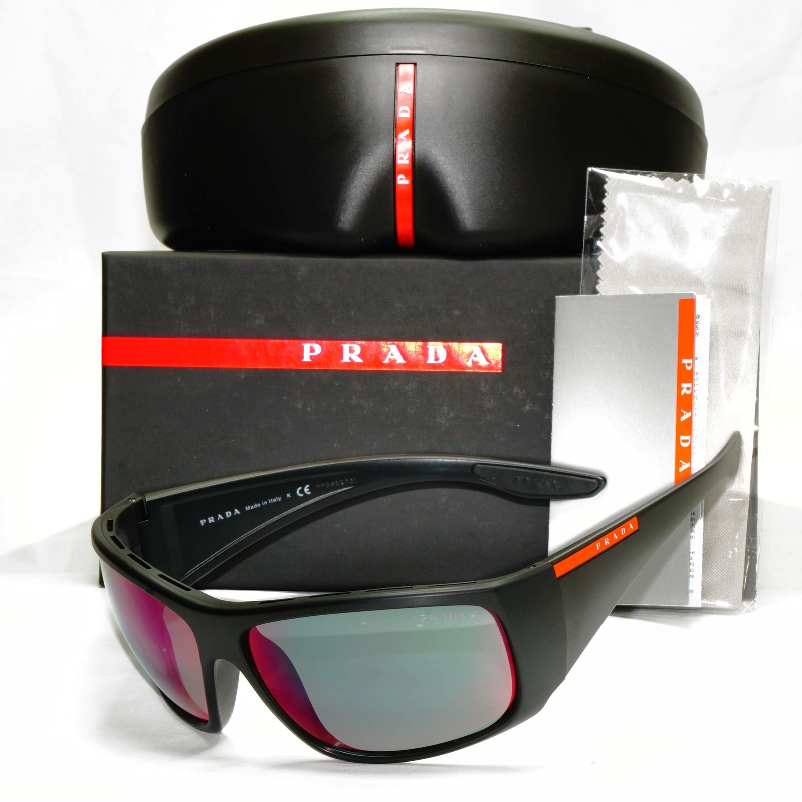 Authentic Prada Mens Mirror Black Sunglasses SPS 04V 1BO-9Q1 Red Stripe ...