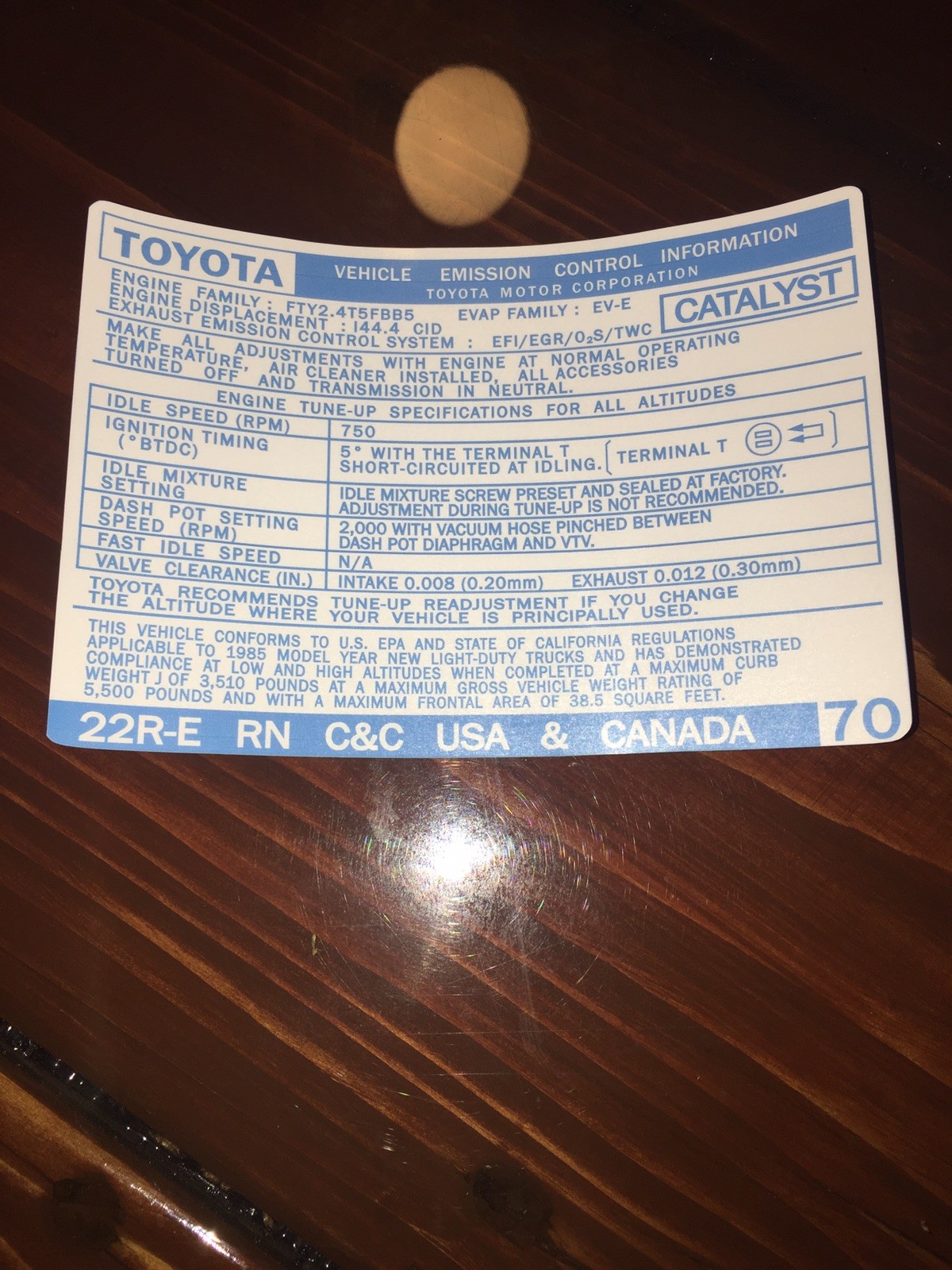 1985 Toyota Pickup Truck/4runner Emissions Decal Repro Sticker 22re Efi ...