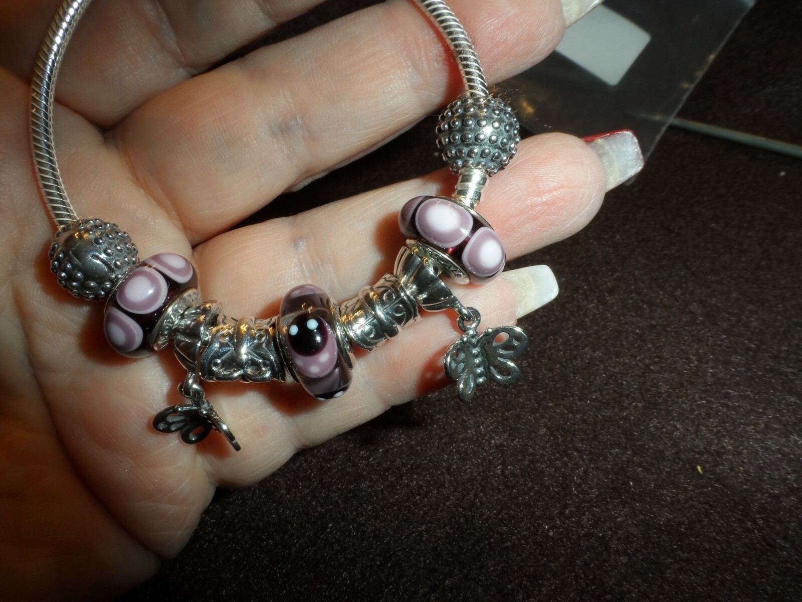 Authentic 7" Pandora bracelet, 9 Pandora charms w/ butterfly theme ...