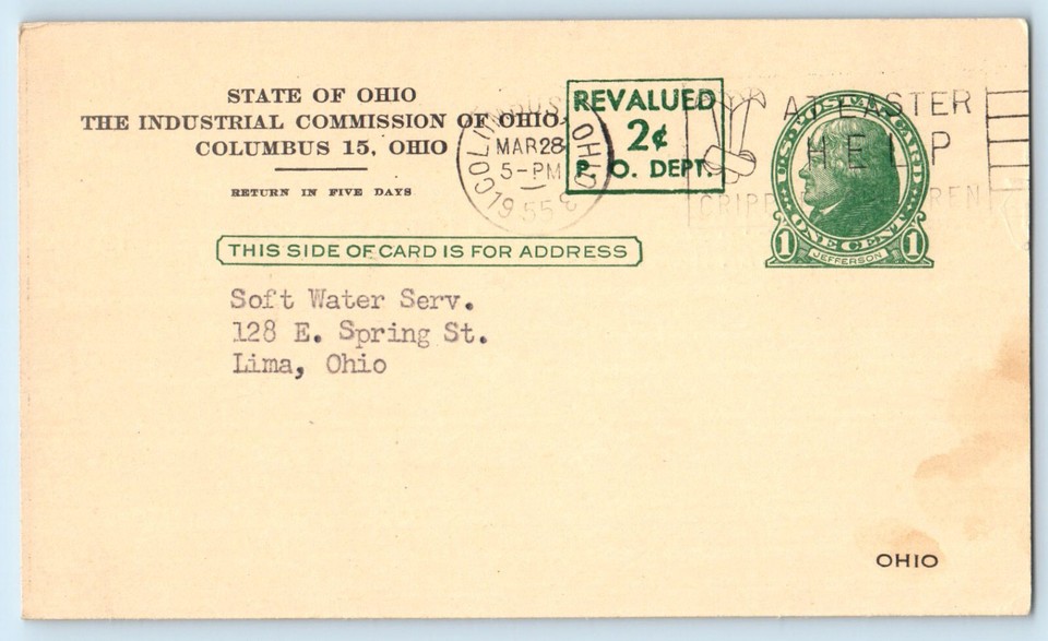 Columbus Ohio OH Postal Card Industrial Commission of Ohio Claimant's ...