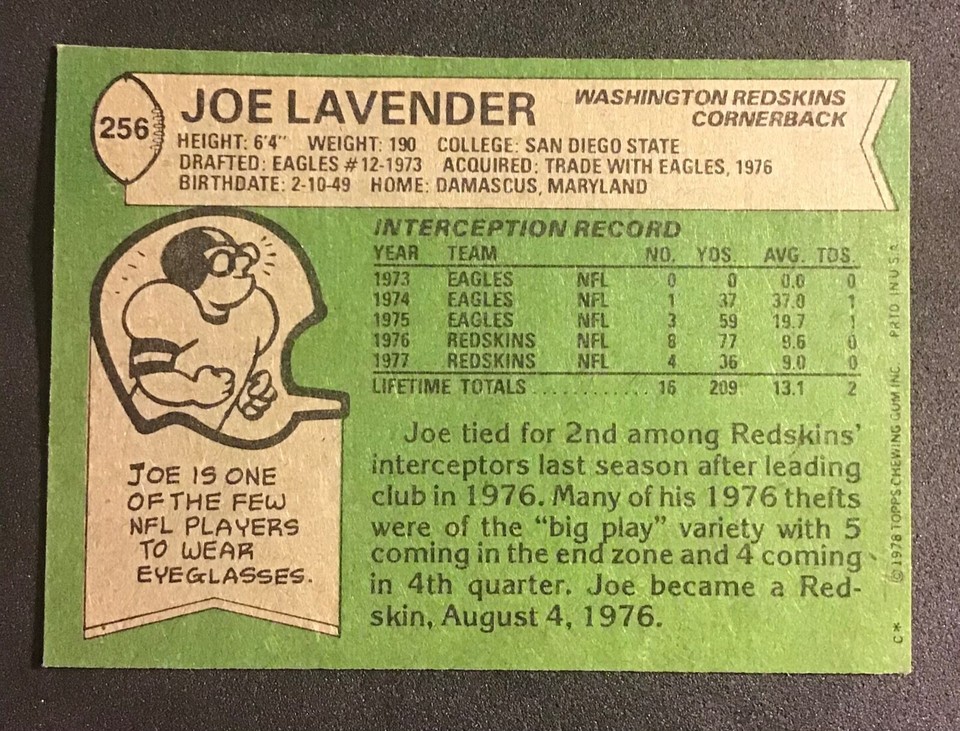 Washington Redskins JOE LAVENDER autographed signed 1978 TOPPS auto SB ...