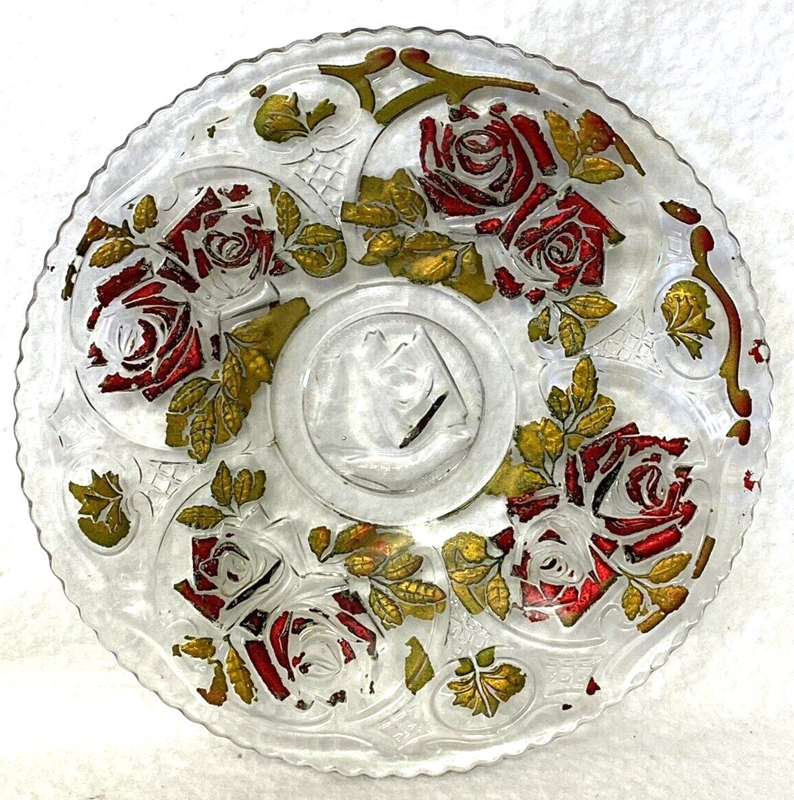 VINTAGE GOOFUS GLASS PLATE,GOLD RED ROSES,10 5/8",DINNER,SERVING ...