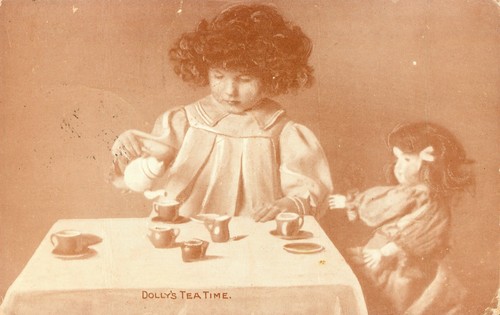 Dolly's Tea Time Postcard Antique 1907 Little Girl pouring tea for her ...