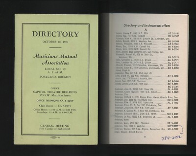 1961 Directory Musicians Mutual Association Local # 99 PORTLAND OREGON ...