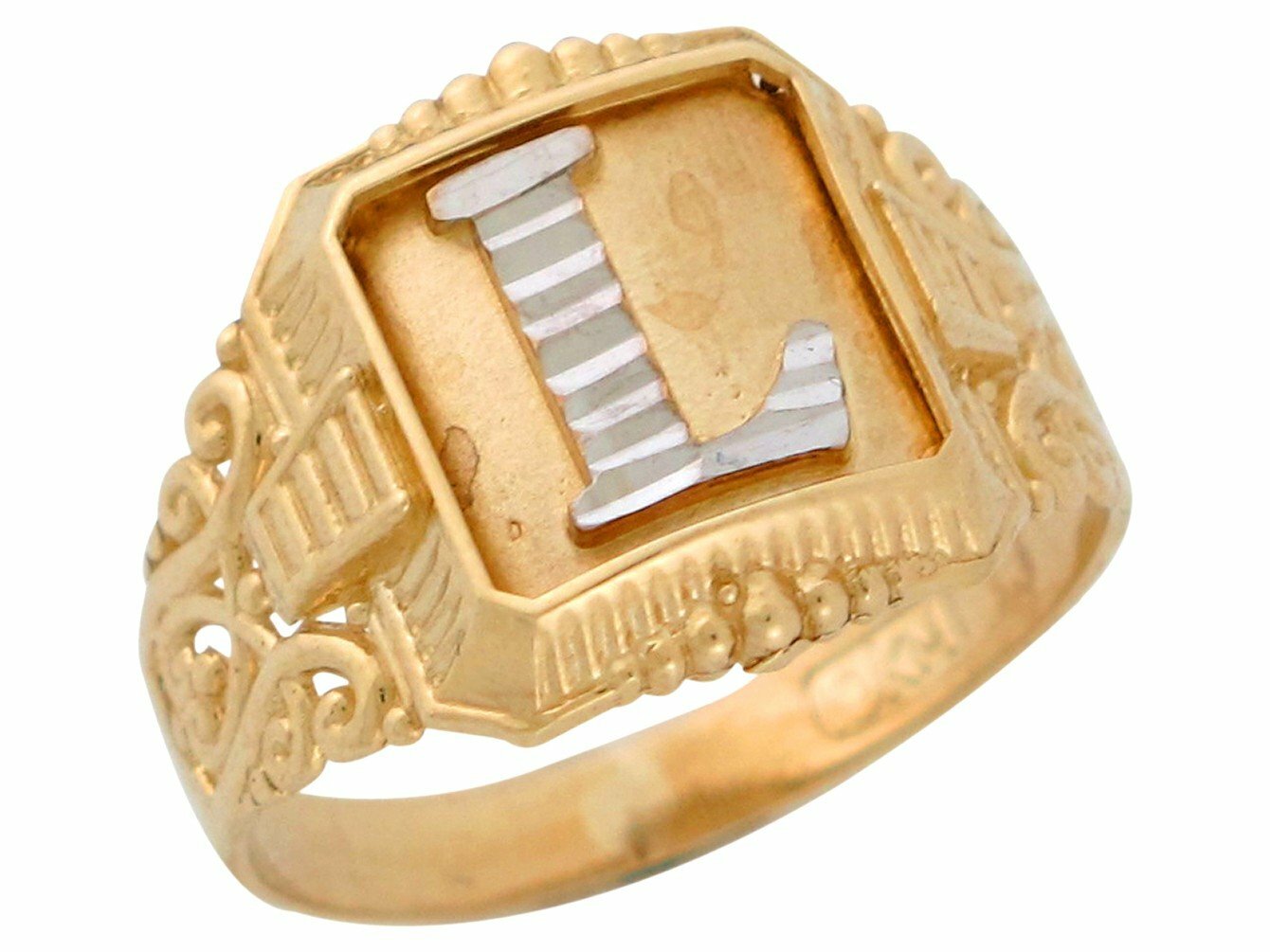 10k or 14k Two-Tone Gold Antique and Filigree Design Mens Initial ...