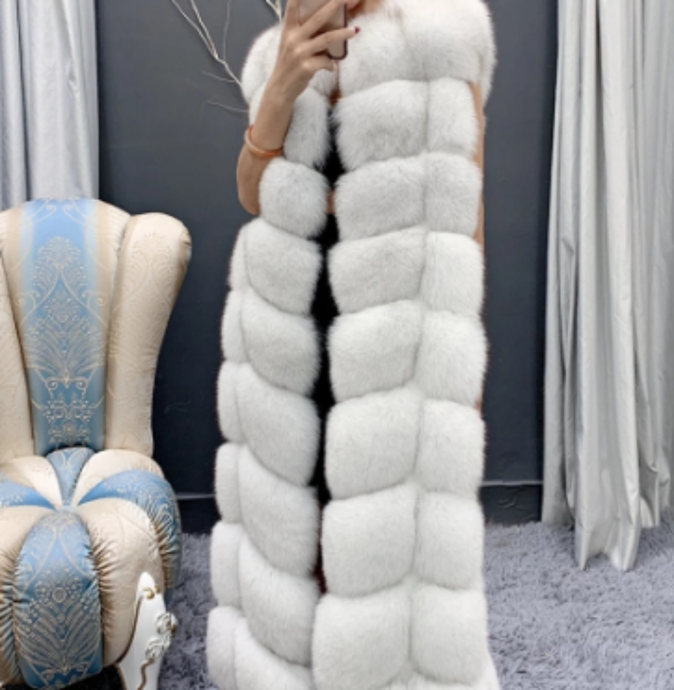 100% Real Fox Fur Blocks Vest Sleeveless Women Long Coat Fur Jacket ...