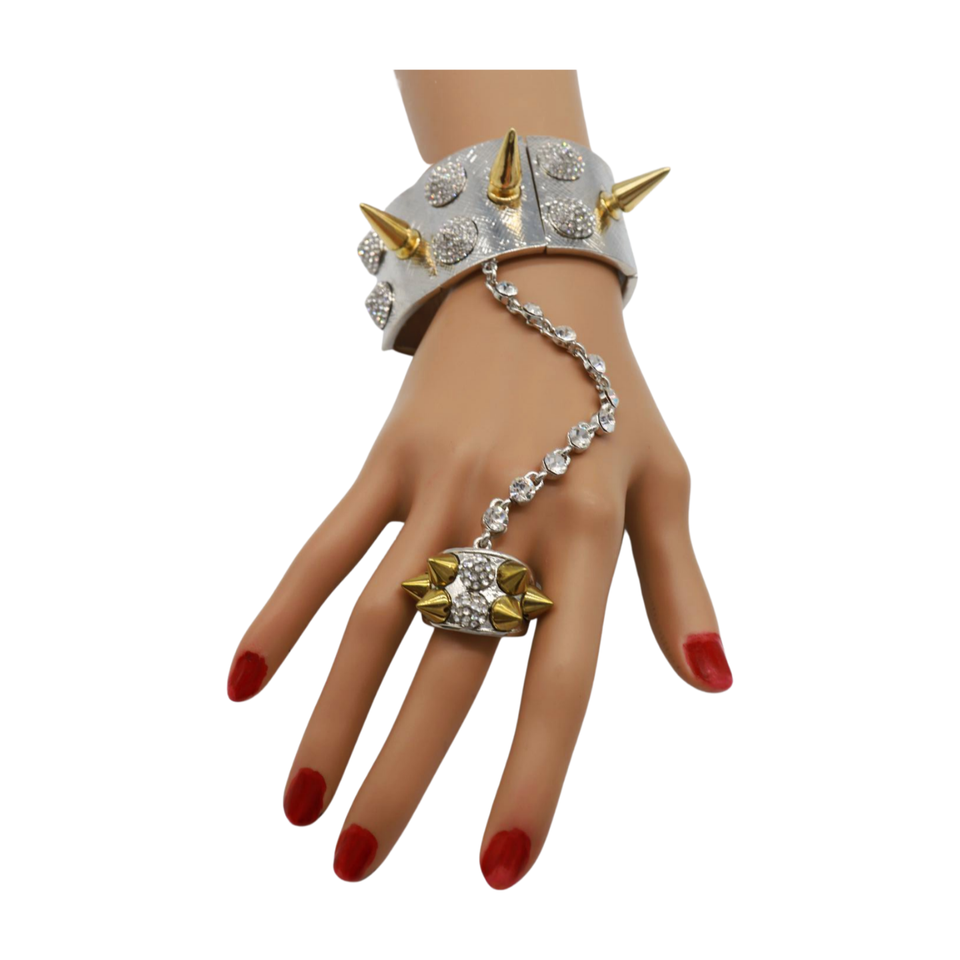 Women Silver Metal Hand Chain Gold Spike Bracelet Ring Special ...
