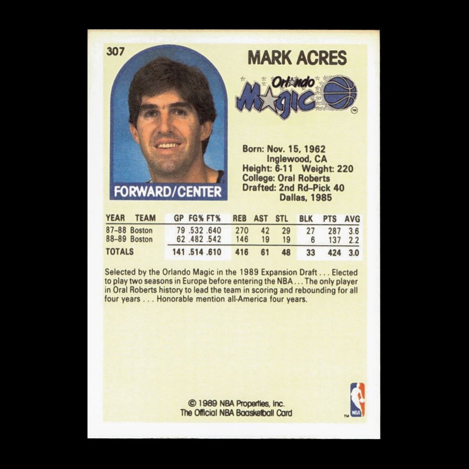 Mark Acres 1989-90 Hoops Orlando Magic #307 R331A 24 | eBay